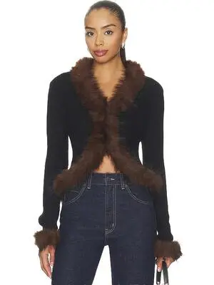 SELF-PORTRAIT Faux Fur Trimmed Knit Cardigan - Black