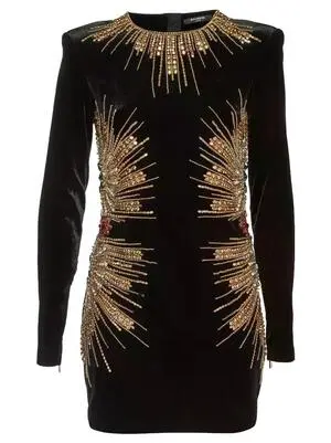 Balmain Embellished Velvet Mini Dress - Black