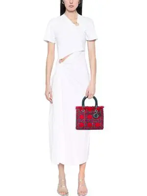 Dior Medium Tweed Cannage Fringe Lady Satchel - Red