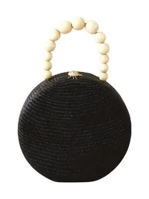 Likhâ Round Straw Handbag With Wood Bead Handle - Black