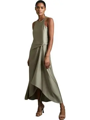 REISS Satin Drape Tuck Midi Dress