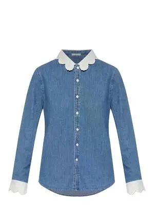 MOTHER Embroidered Scalloped Collar Denim Shirt - Blue
