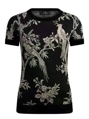 Etro Wool-blend Jacquard T-shirt With Nature Motif - Black