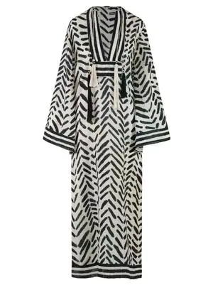 Johanna Ortiz Ecru Linen Abstract Print Midi Dress - Neutrals