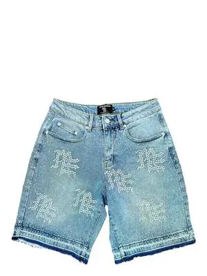 Mixed Emotion Rhinestone-embellished Denim Shorts - Blue