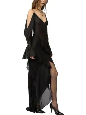 Roberto Cavalli Ruffled Cold-shoulder Gown - Black