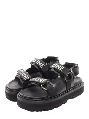 Celine Leather Logo Detail Touch-strap Platform Sandals - Black
