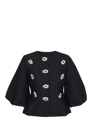 MODENAIRE Embellished Puff Sleeve Textured Jacket - Black