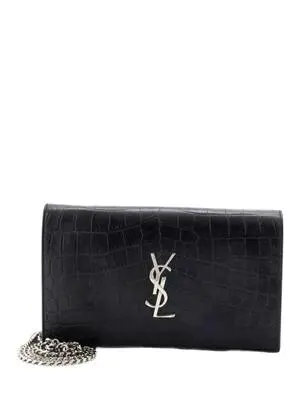 Saint Laurent Classic Monogram Crocodile Embossed Leather Large Clutch Bag - Black