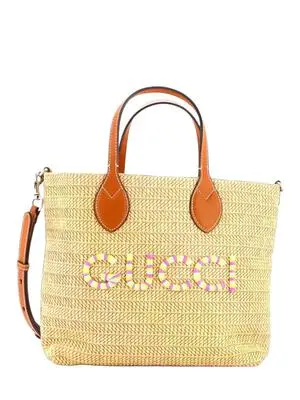 Gucci Logo Plaque Convertible Raffia Small Tote Bag - Neutrals