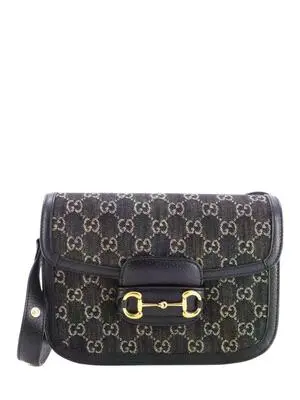 Gucci Horsebit 1955 Gg Denim Small Shoulder Bag - Black