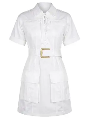 MODENAIRE Utility Mini Dress With Lace-up Front And Belted Waist - White