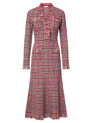 SELF-PORTRAIT Checked Frayed Knitted Midi Dress - Red
