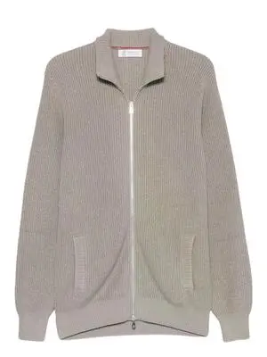 Brunello Cucinelli Brunello Cucinelli Ribbed-Knit Zip-Up Cardigan Neutrals