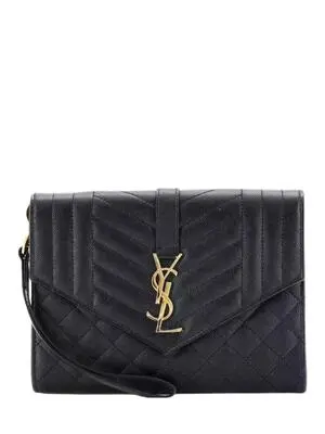 Saint Laurent Mixed Matelassé Leather Monogram Envelope Wristlet Clutch Bag - Black