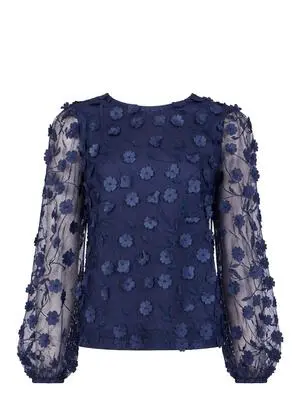 YUMI Sheer Sleeve Applique Flower Top - Blue