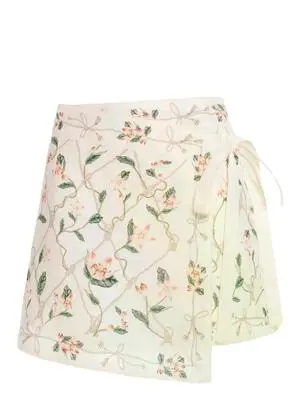 Agua Bendita Luna Floral-print Linen Wrap Mini Skirt - Neutrals