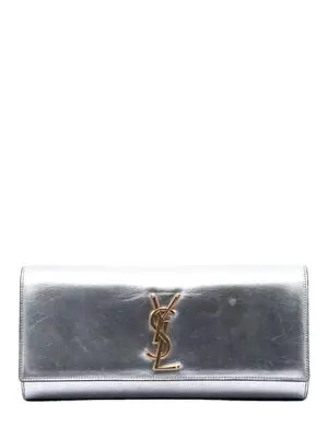 Saint Laurent Smooth Metallic Calfskin Monogram Cassandre Clutch Bag - Silver