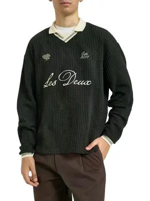 LES DEUX Waffle-knit V-neck Sweater - Green