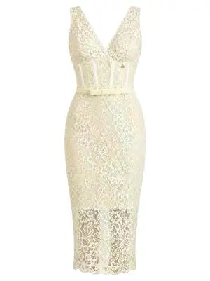 DIVEDIVINE Lace-overlay Belted Midi Dress - Yellow