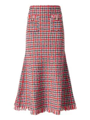 SELF-PORTRAIT Frayed Wool And Cotton-blend Tweed Midi Skirt - Red