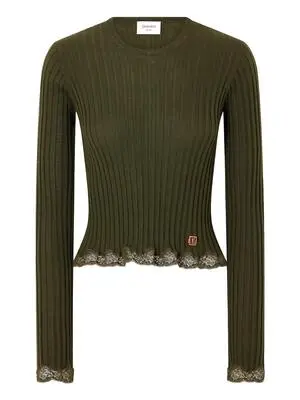 Saint Laurent Lace-trimmed Ribbed Wool, Cashmere And Silk-blend Knitwear - Green