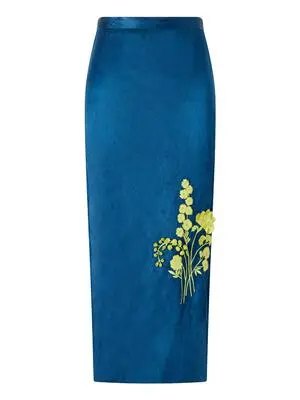 Erdem Floral-embroidered Metallic Satin Midi Skirt - Blue