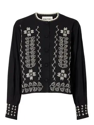 Escvdo Libertad Cropped Embroidered Cotton-twill Jacket - Black