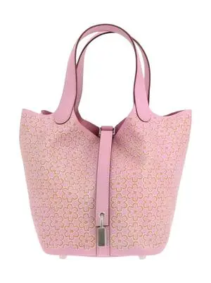 Hermès Leather Floral Print Picotin Lucky Daisy Bucket Bag - Pink