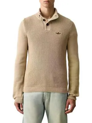 AERONAUTICA MILITARE Ribbed Button-neck Cotton Pullover - Brown