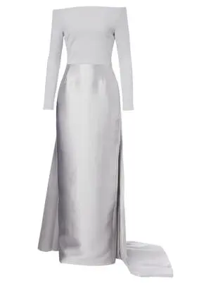 Solace London Winslow Off-shoulder Satin And Crepe Gown - Silver