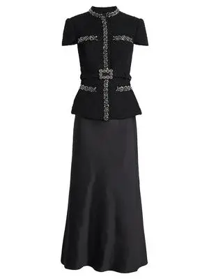 SELF-PORTRAIT Crystal-embellished Satin And Bouclé Midi Dress - Black