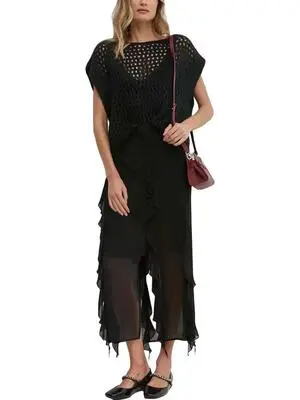 Sisley Ruffled Front-slit Midi Skirt - Black