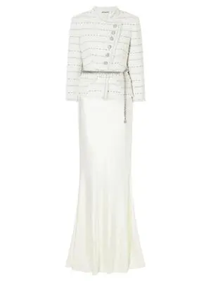 SELF-PORTRAIT Belted Satin And Bouclé Maxi Dress - White