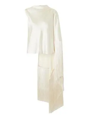 SELF-PORTRAIT Asymmetric Fringed Satin Cami - Neutrals