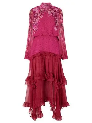 Saloni Jolie-c Asymmetric Tiered Floral-print Silk-georgette Maxi Dress - Pink