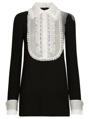 Dolce & Gabbana Wool Crepe Dress With Organza Shirt Front - Black