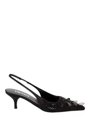 Prada Embroidered Satin Slingback Pumps Black