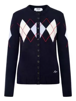 MSGM Argyle Crew-neck Cardigan - Blue