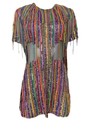 ANY OLD IRON Hand-beaded Rainbow Fringe Dress - Red
