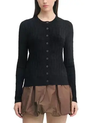 Sisley Check-knit Button-up Cardigan - Black