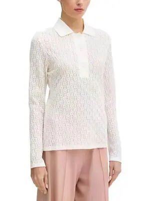 Sisley Crochet-knit Long-sleeve Polo Shirt - White
