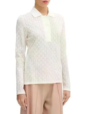 Sisley Crochet-knit Long-sleeve Polo Shirt - White