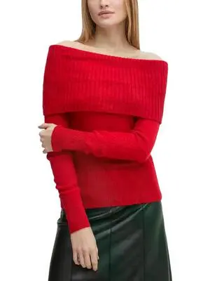 Sisley Off-shoulder Ribbed-knit Sweater - Red