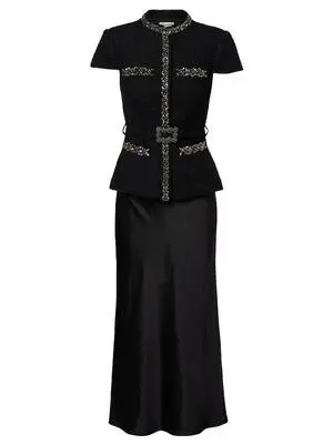 SELF-PORTRAIT Belted Embellished Boucle And Satin Midi Dress - Black