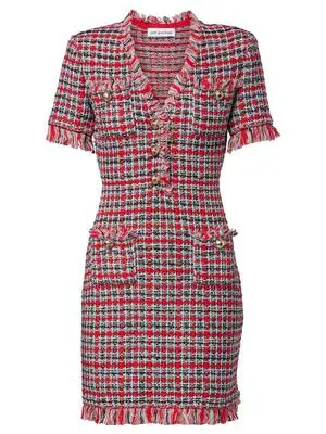 SELF-PORTRAIT Checked Frayed Cotton And Wool-blend Minidress - Red