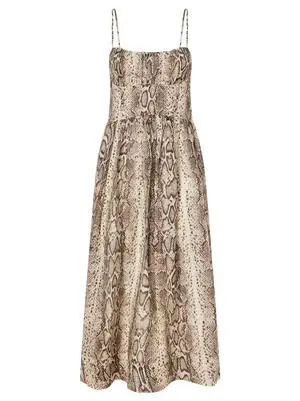 Cara Cara Alba Gathered Snake-print Linen And Silk-blend Organza Midi Dress - Neutrals