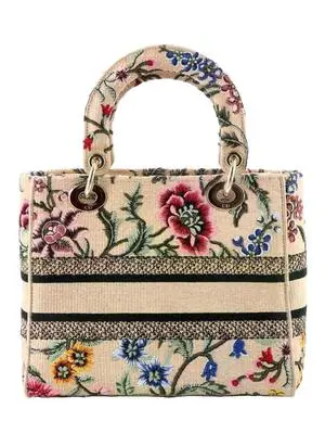 Dior Lady D-Lite Embroidered Raffia Medium Satchel Neutrals