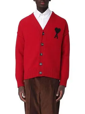 AMI Paris V-neck Wool Cardigan With Contrast Logo Ruby