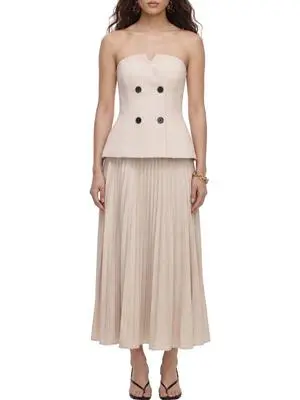 SELF-PORTRAIT Off-the-shoulder Pleated Gabardine Midi Cocktail Dress - Beige